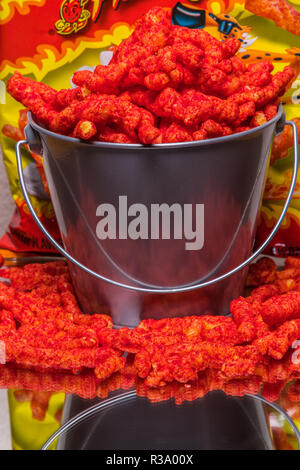 flamin' hot cheetos in bucket with bag Stock Photo - Alamy