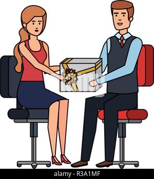 business couple sitting in chairs giving gift vector illustration ...