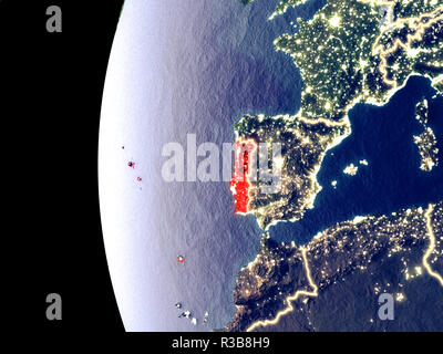Portugal from space at night with visible country borders. 3D ...
