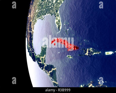 Cuba at night from space with visible country borders. 3D illustration ...