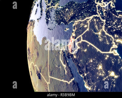 Israel from space at night with visible country borders. 3D ...