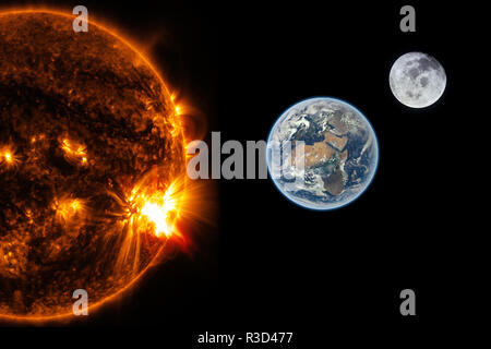Sun-Earth-Moon and space-time. Illustration of the gravitational fields ...