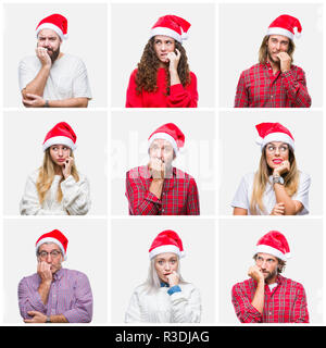 Collage of group of people wearing chrismast hat over isolated ...
