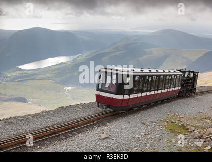 Snowdon Mountain Railway train at summit of Snowdon, near Llanberis, Snowdonia National Park ...