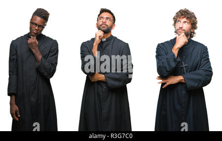 Collage of christian priest men over isolated background with sad ...