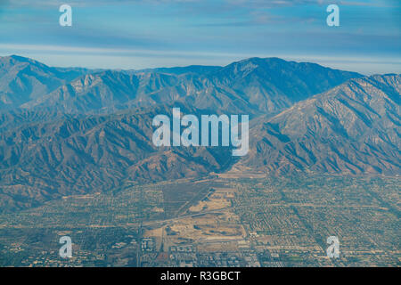 Aerial view of Upland, Rancho Cucamonga, view from window seat in an ...
