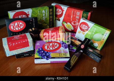 Stillife of a variety of exotic Kit Kat flavors produced in Japan Stock ...