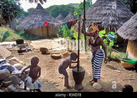 Senegal, Bedik tribe, Iwol village. Amer Keita pounding grain with her ...