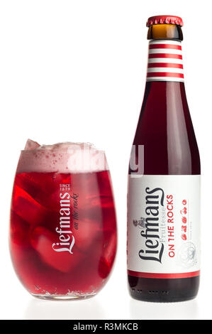 Bottle and glass of Belgian Liefmans Fruitesse fruit beer isolated on a ...
