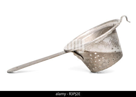Old metal colander on white background Stock Photo - Alamy