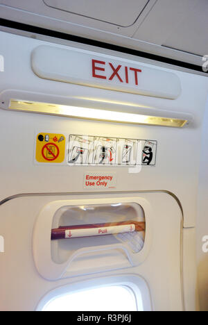 Emergency Exit with door handle in an aircraft cabin Stock Photo - Alamy