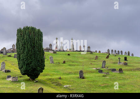 View across old graves at Pant cemetery in Merthyr Tydfil, Wales, UK ...