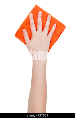 hand with orange cleaning rag isolated on white background Stock Photo ...