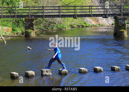 boy jumping over the stepping stones at Dovedale Stock Photo - Alamy