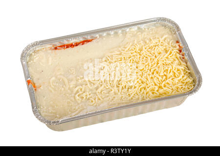 Frozen lasagna in the mold of aluminum isolated on white background ...