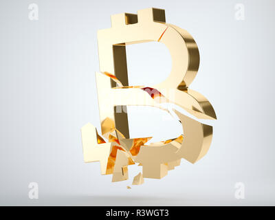 Golden bitcoin symbol shattered and broken on grey background. 3d ...