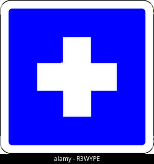 First aid available blue sign with red cross Stock Photo - Alamy