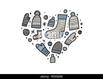 Warm socks, beanies set. Vector composition with warm knitted clothes ...