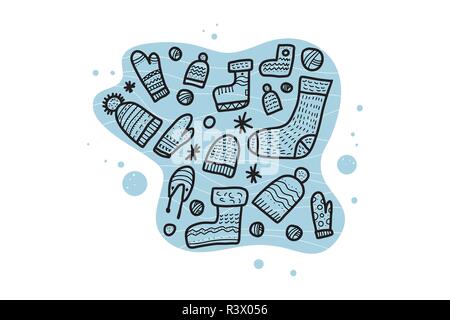 Warm socks, beanies set. Vector composition with warm knitted clothes ...
