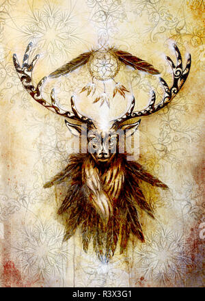 sacred ornamental deer spirit with dream catcher symbol and feathers ...