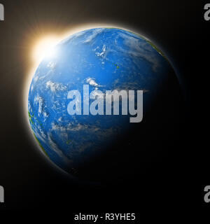 Sun over Pacific Ocean on green planet Earth isolated on black ...