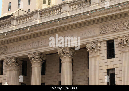 USA, Oregon, Portland. Ornate designs on U.S. National Bank columns ...