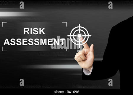 hand pushing risk assessment button with global networking concept ...