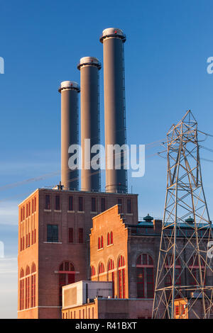 USA, Rhode Island, Providence, power plant smokestacks at dawn Stock ...