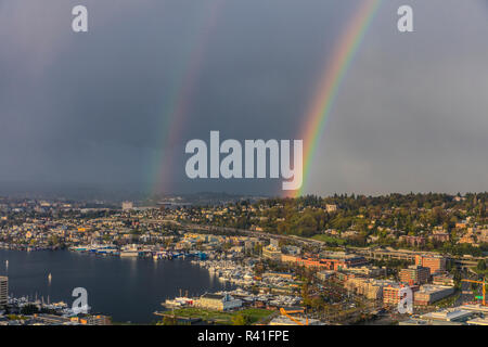 Double rainbow over Lake Union in Seattle, Washington State, USA Stock ...