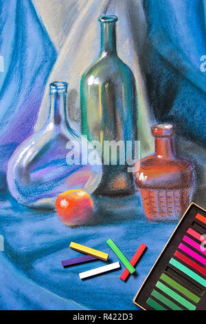 Artists chalk pastels and original pastel drawing of still life on the ...