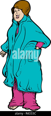 Illustration woman in blue nightwear and lace robe eating at night ...