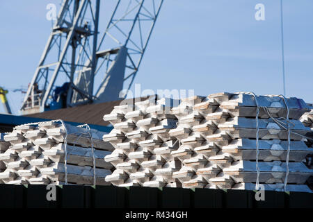 Import export trade of Aluminium or Aluminum ingots stacked on quayside ...