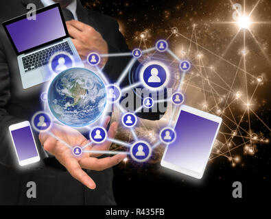 Businessman with show hand posture with the Social media symbol on blue ...