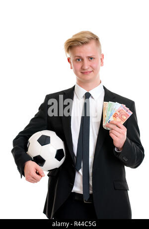 Young blond man holding euro banknotes smiling happy and positive ...