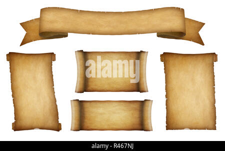 Long aged grunge and yellowed paper scrolls. Isolated on white ...