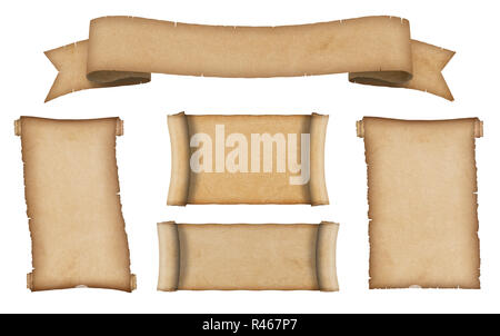 Long aged grunge and yellowed paper scrolls. Isolated on white ...