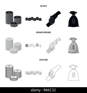 A pile of coins for donations, colored cubes with an inscription, a ...