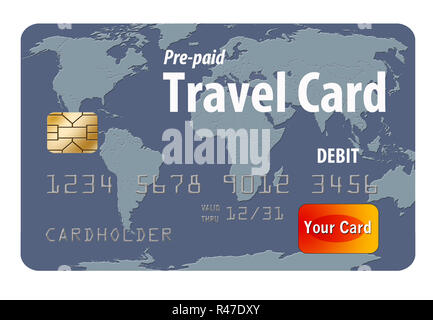 A pre-paid travel card with a map of the world design is seen isolated ...
