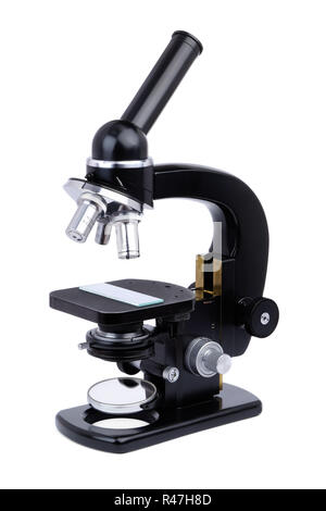 A microscope with three lenses on a white background. Concept, research ...