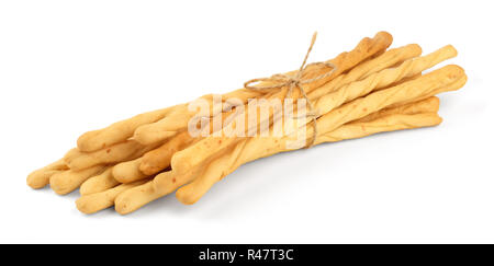 Tasty baked bread sticks with rope isolated on the white background ...