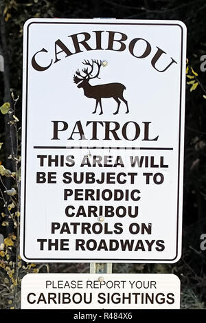 A highway sign warning of wild caribou Stock Photo - Alamy