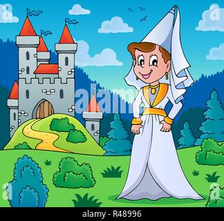 Medieval lady near fairy tale castle - picture illustration Stock Photo ...