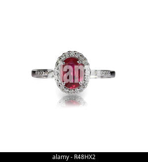 Ruby oval shape center stone red diamond ring Stock Photo - Alamy