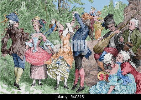 Aristocracy. 18th century. Dance scene. Detail of the musics. Engraving ...