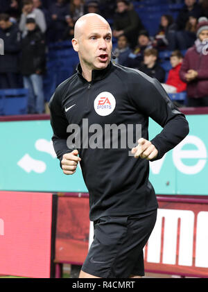 Referee, Anthony Taylor at warm up sporting an anti-abuse slogan during ...