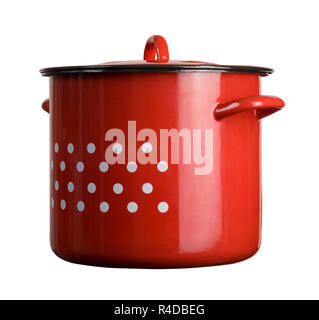 Red cooking pot with dots isolated on white Stock Photo - Alamy