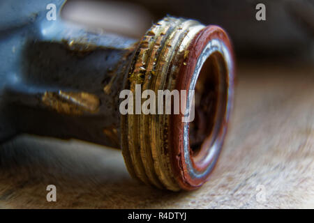 Close up drill pipe thread with pipe dope grease lay down on rig floor ...