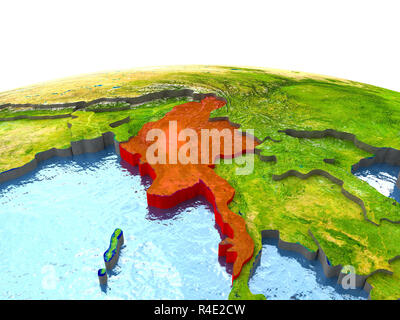 Myanmar highlighted in red on planet Earth at night with visible ...