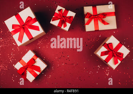 Valentine day composition: red gift box with bow and heart. Christmas ...