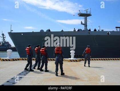 US Navy A Sailor pulls a line aboard the Nimitz-class aircraft carrier ...